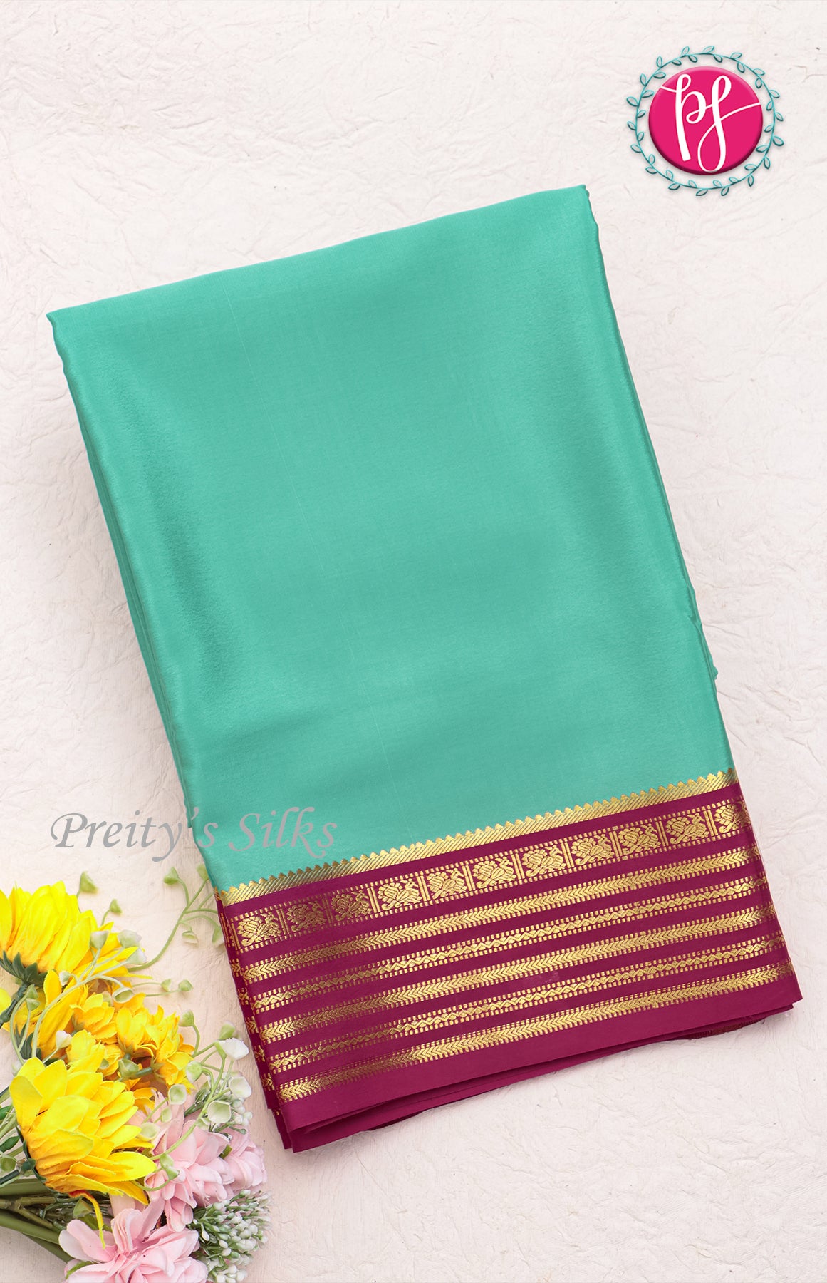 Pure Mysore Crepe Silk Saree-Distemperblue And Pink-PF66924 – Preity's ...